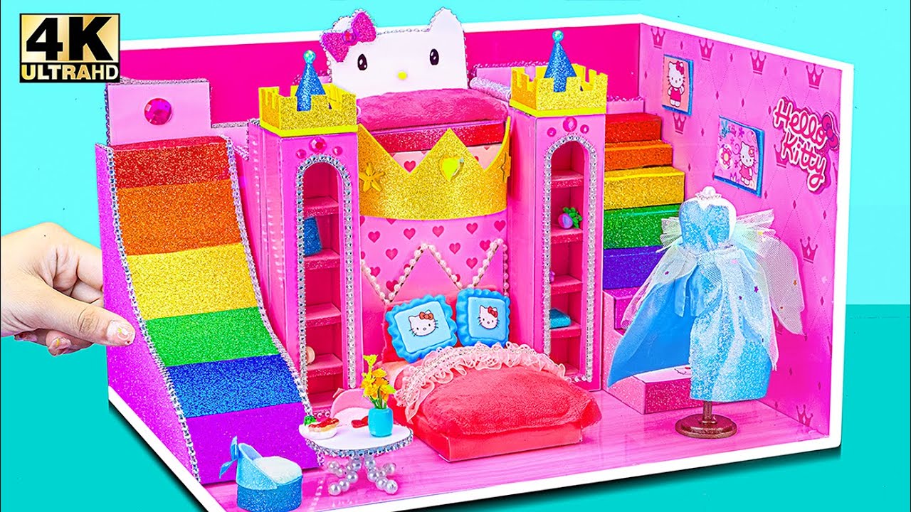 How To Make Pink Bunny House with Bunk Bed, Rainbow Stairs from Polymer ...