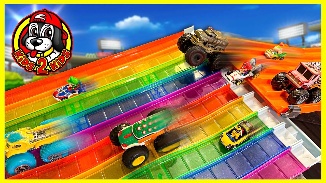 MONSTER TRUCKS VS RACE CARS 🏎 MARIO KART RAINBOW ROAD RACE - YouTube
