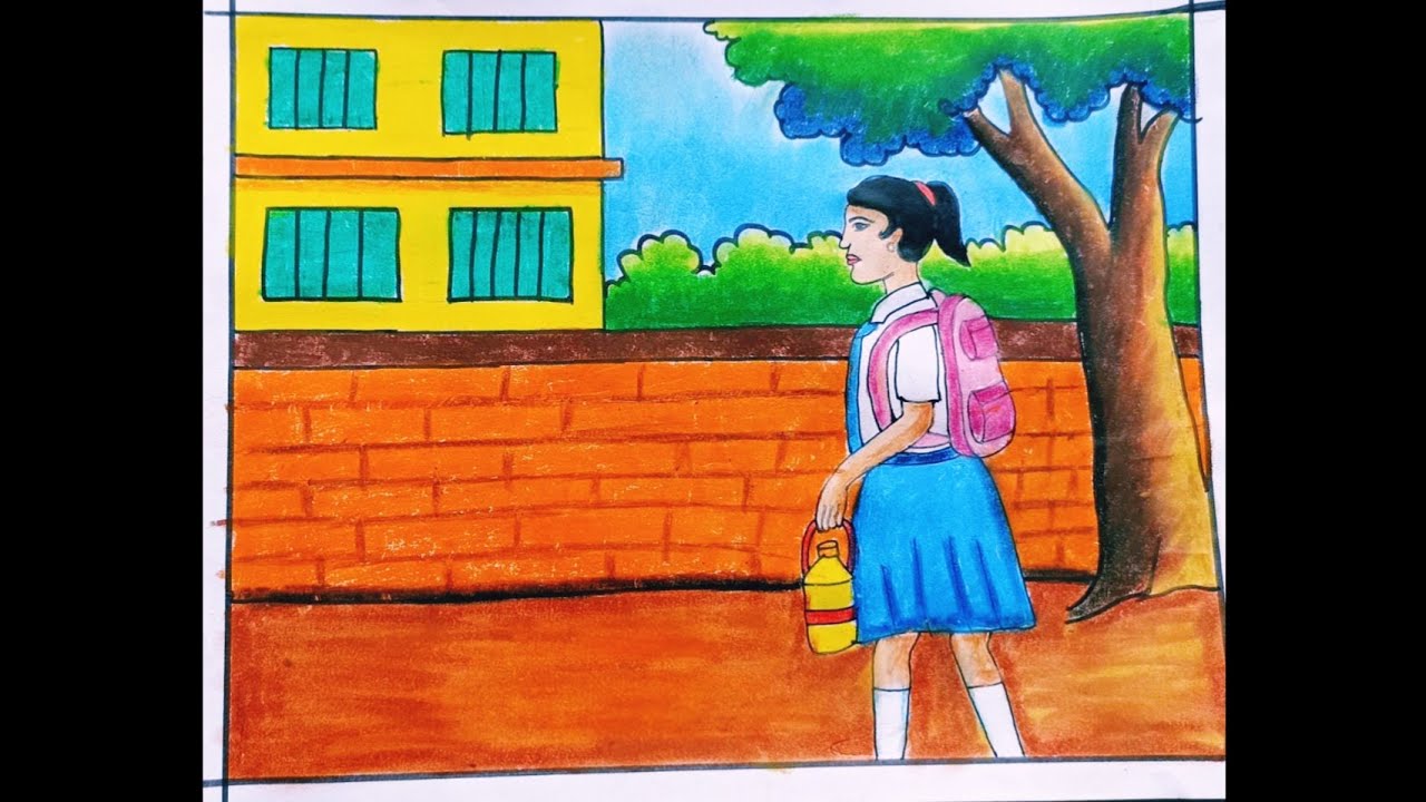 school scenery drawing with oil pastels very easily..school girl ...