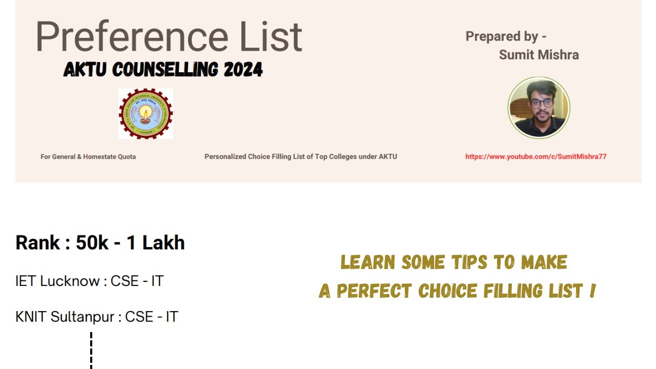 AKTU/UPTU Counselling Choice Filling | UPTAC Best Preference List | Sumit Mishra - YouTube