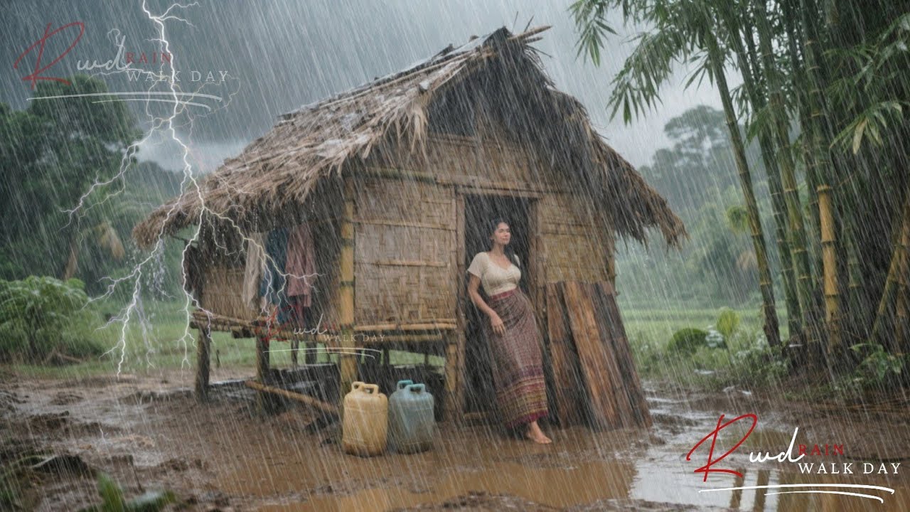 A TRADITIONAL HOUSE IS HIT BY HEAVY RAIN IN A RURAL LIFE. A RELAXING ...