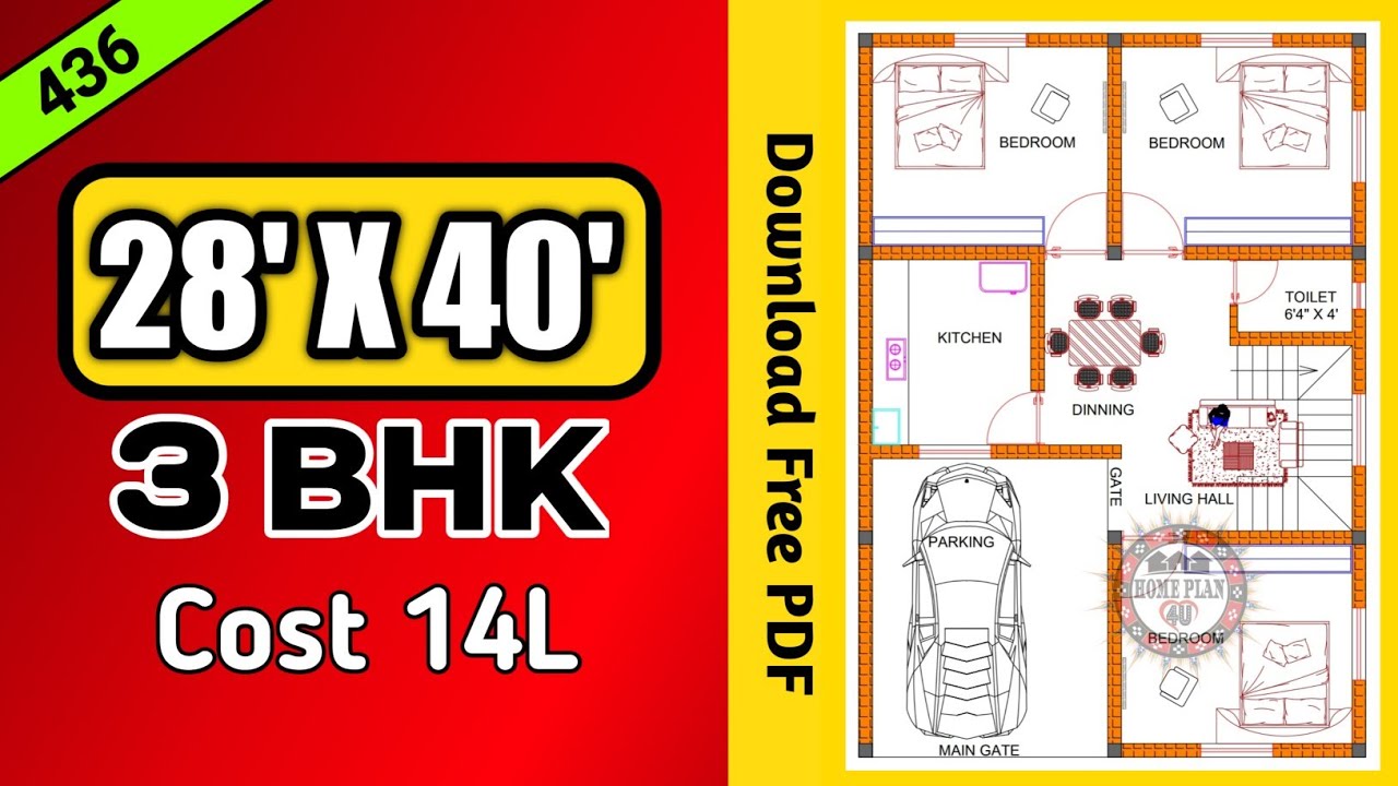 28 x 40 घर का नक्शा II 28 x 40 House Plan with 3 Bhk Design and ...
