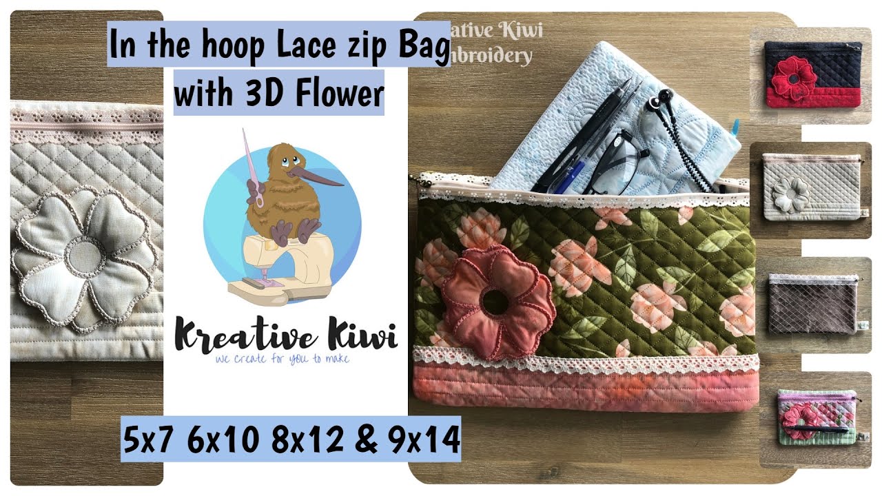 In the hoop Bag with Lace Zip and 3D Flower - YouTube