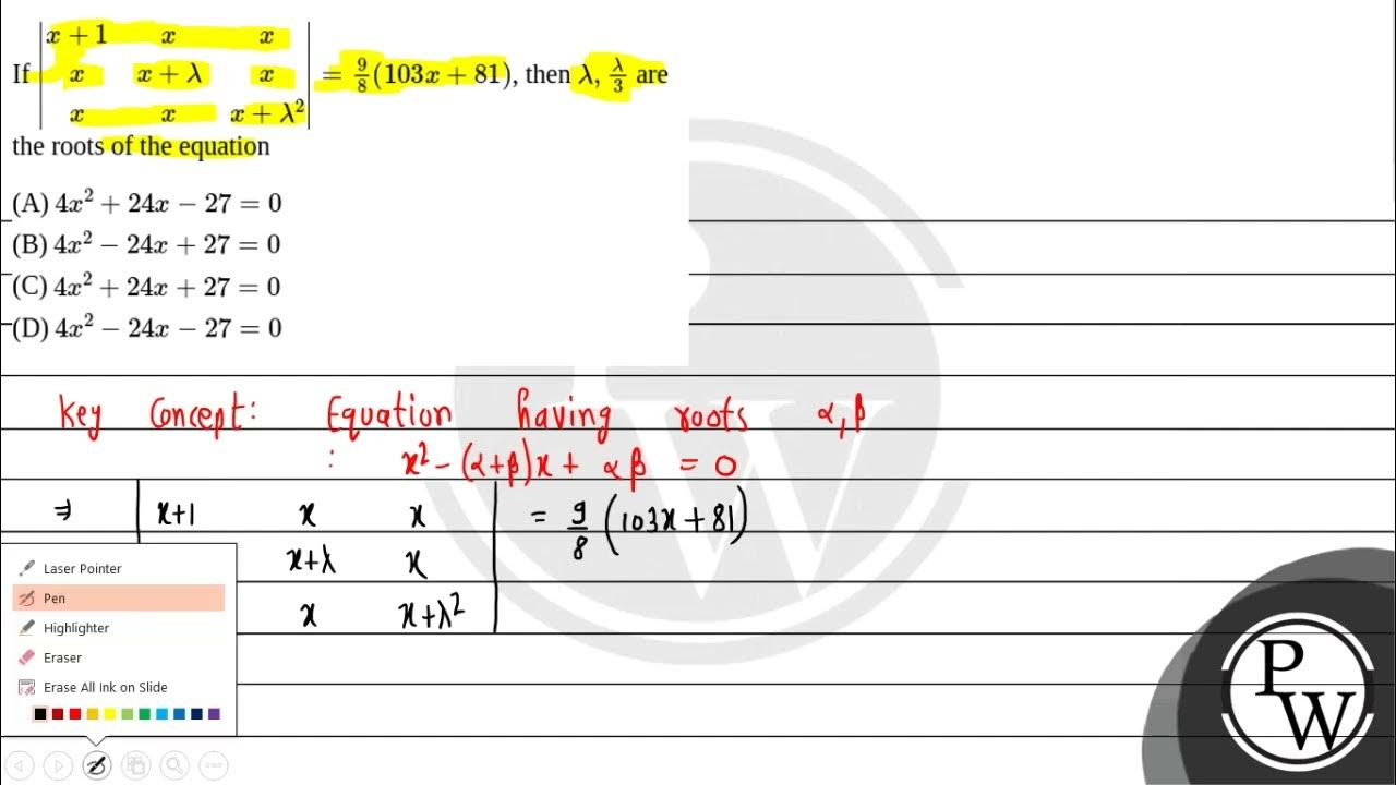 If \(\left|\begin{array}{ccc}x+1 & x & x \\ x & x+\lambda & x \\ x & x &.... - YouTube