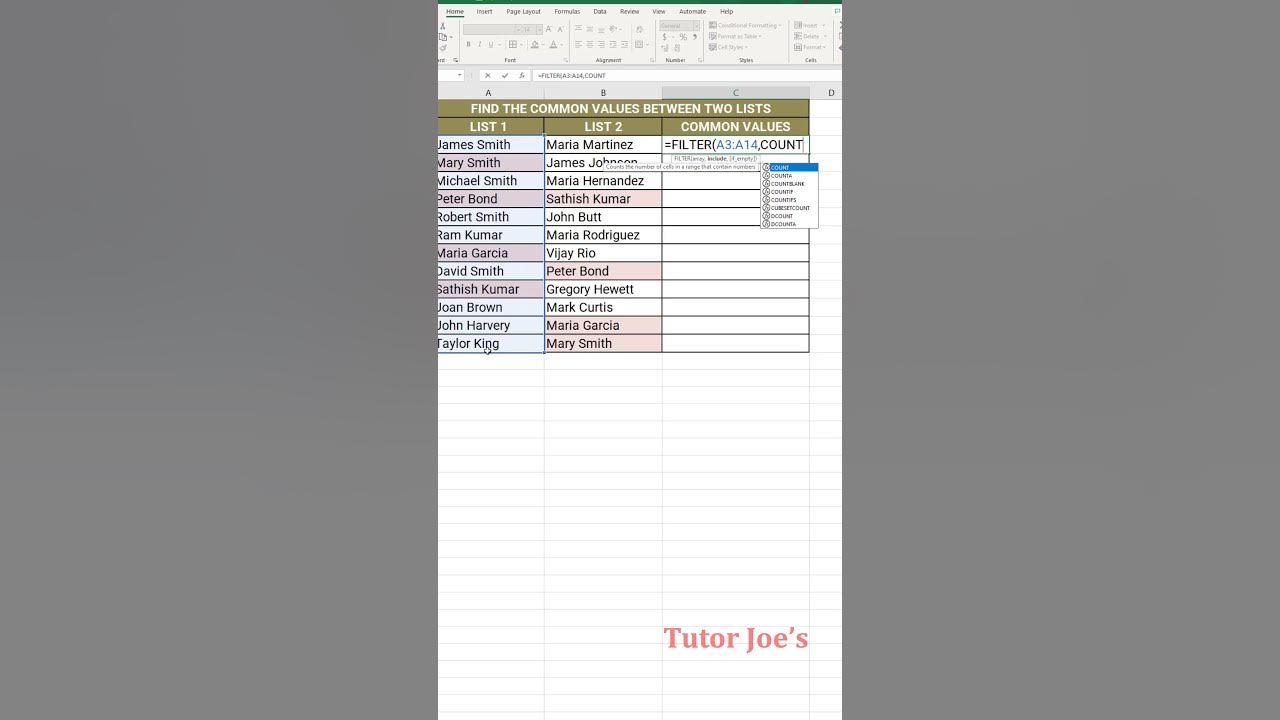 Finding Common Values between Two Lists in Excel | Tutor Joes - YouTube