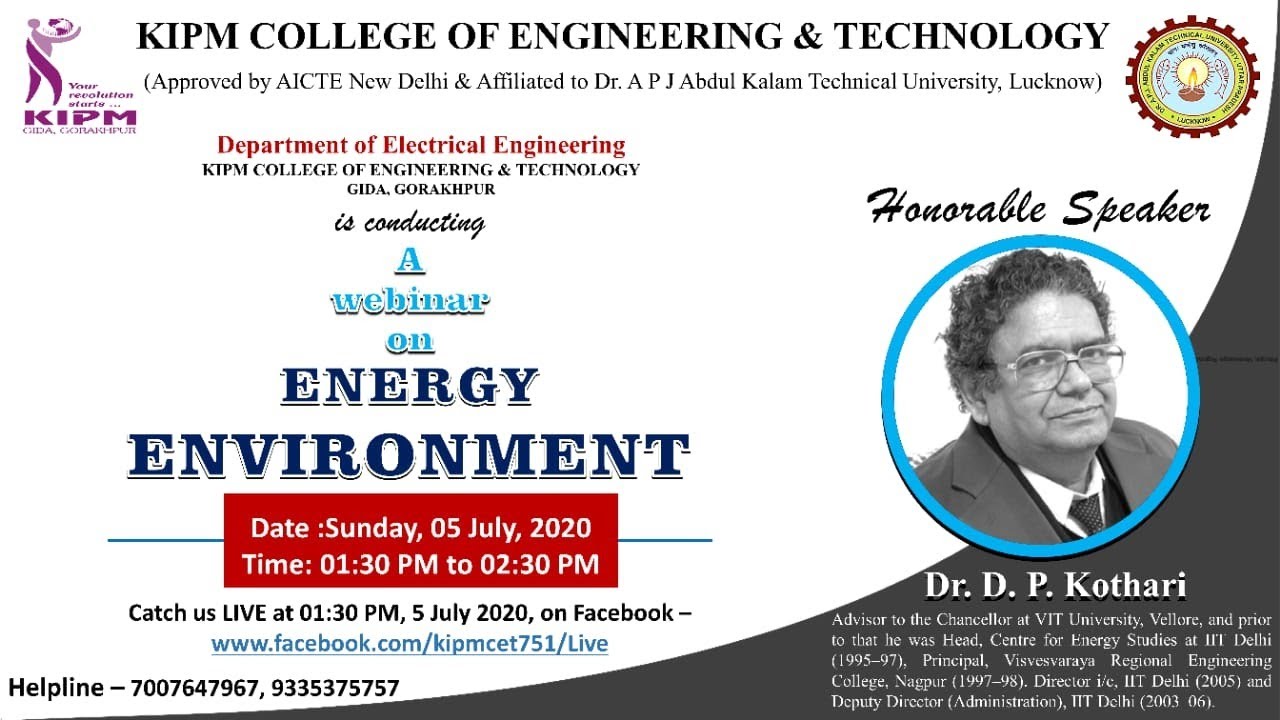 Webinar on "Energy Environment" by Dr. D. P. Kothari - YouTube