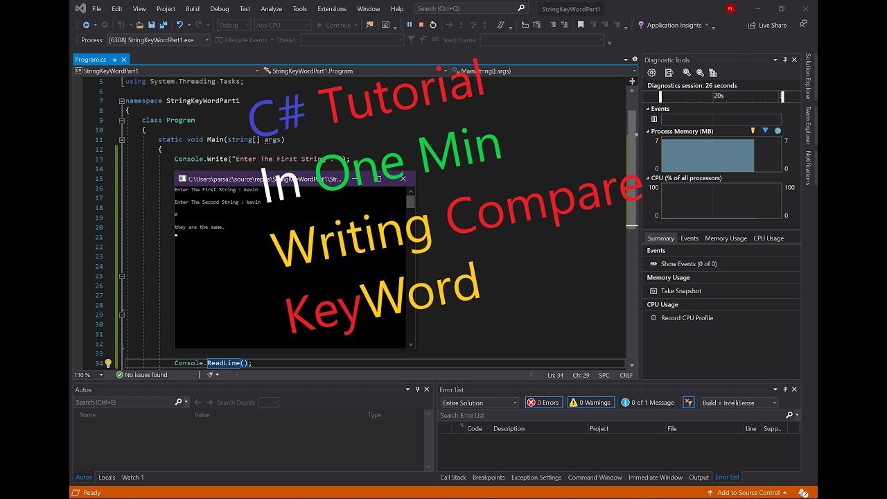 C# / C Sharp Tutorial In One Min Writing Compare KeyWord (Console APP ...