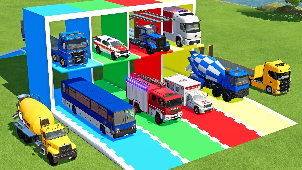 TRANSPORTING EXCAVATOR, DUMP TRUCK, BULLDOZER, POLICE CARS TO GARAGE ...