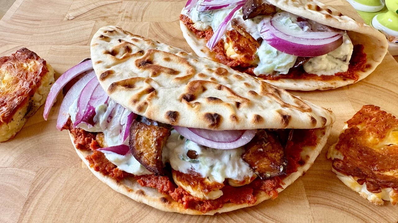 Greek Halloumi Souvlaki | Delicious flatbread with cheese eggplant and ...
