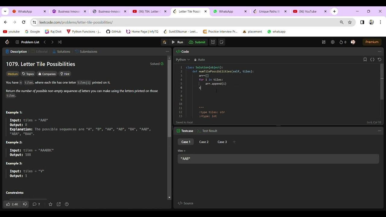 1079 Letter Tile Possibilities LeetCode - YouTube