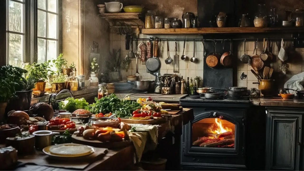 Country Kitchen Ambience 🥘 Crackling Wood Stove Fire and Softly ...