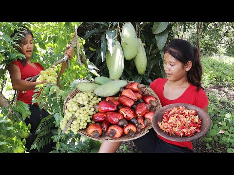 Mouth watering fresh fruit: Green mango Star fruit Cashew fruit Vs Hot salt chili & eating delicious