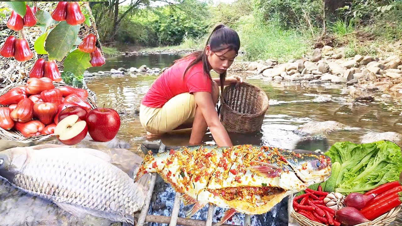 Survival in forest: Catch and cook big fish, Fish grill with chili ...