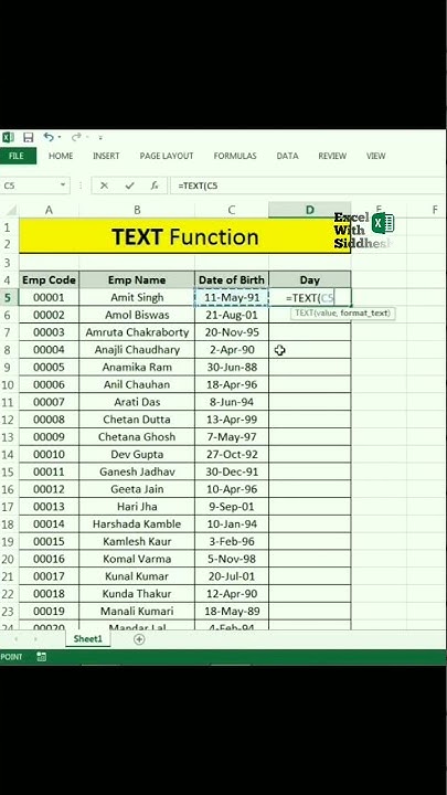 Convert Date Into Day Format Using Text Function Excel Tips And Tricks Youtube 