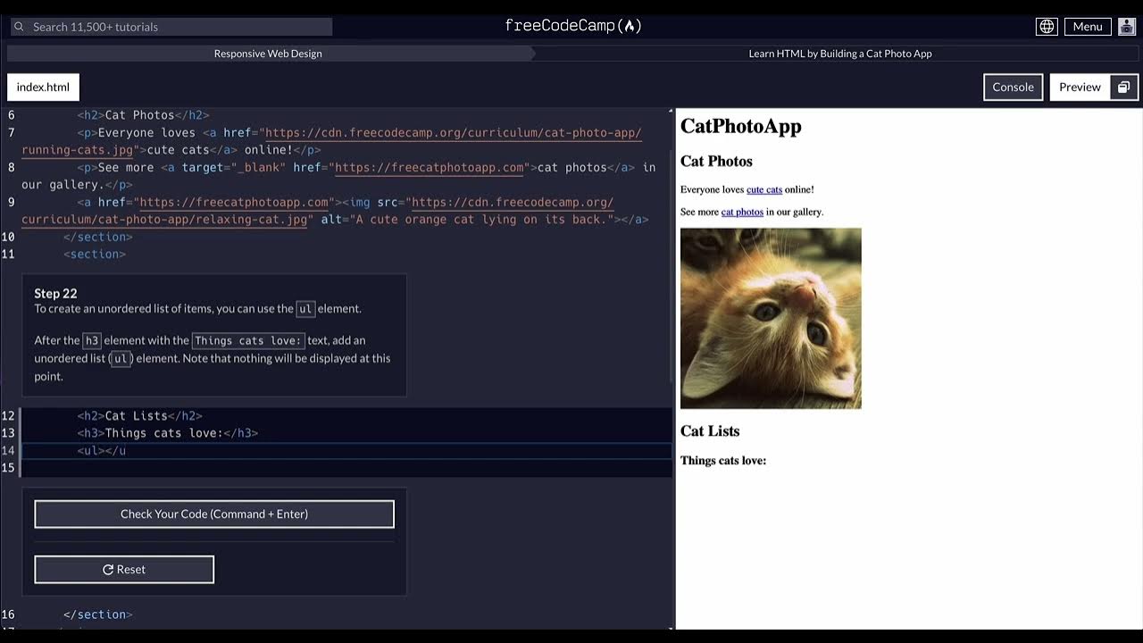 FreeCodeCamp - Responsive Web Design - Step 22 of 71 - Learn HTML by Building a Cat Photo App ...