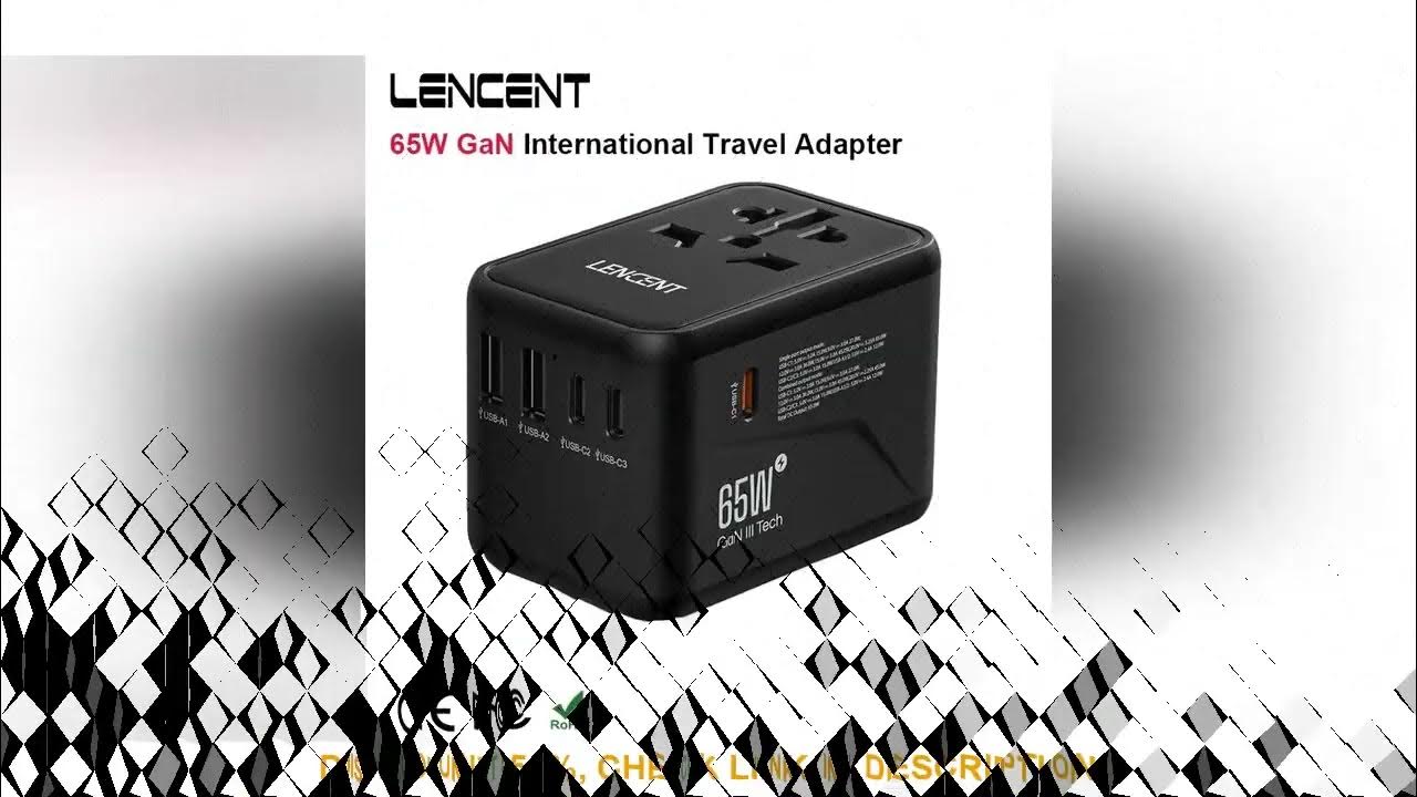 LENCENT 65W/100W GaN Adaptador de Viagem Internacional com 2USB 3 Tipo C GaN Adaptador de ...