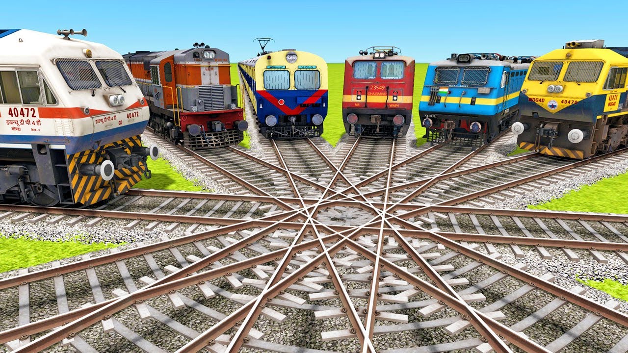 10 LINE BRANCHED DIAMOND RAILROAD CROSSING ON BUMPY RAILROAD TRACKS ...