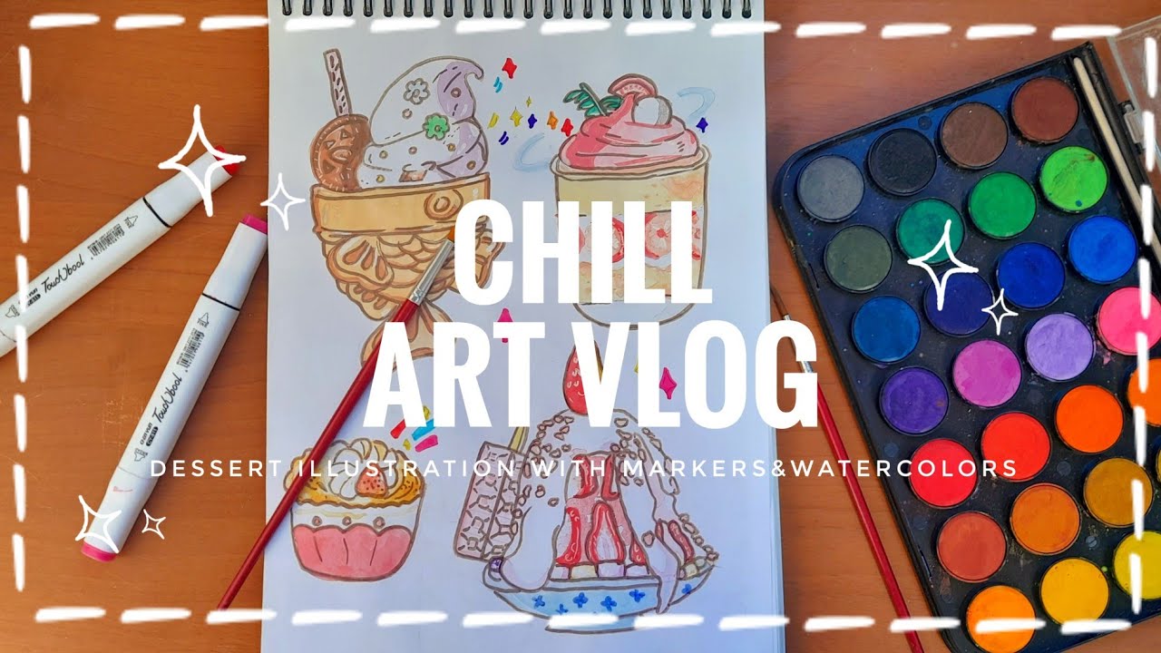 chill art vlog | dessert illustration painting with watercolors ...