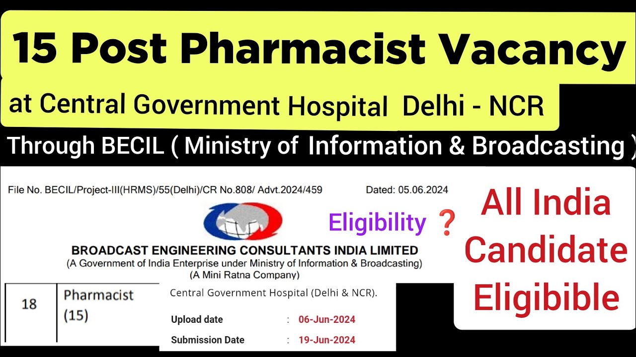 15 Post Pharmacist Vacancy at Central Govt. Hospital (Delhi & NCR ...