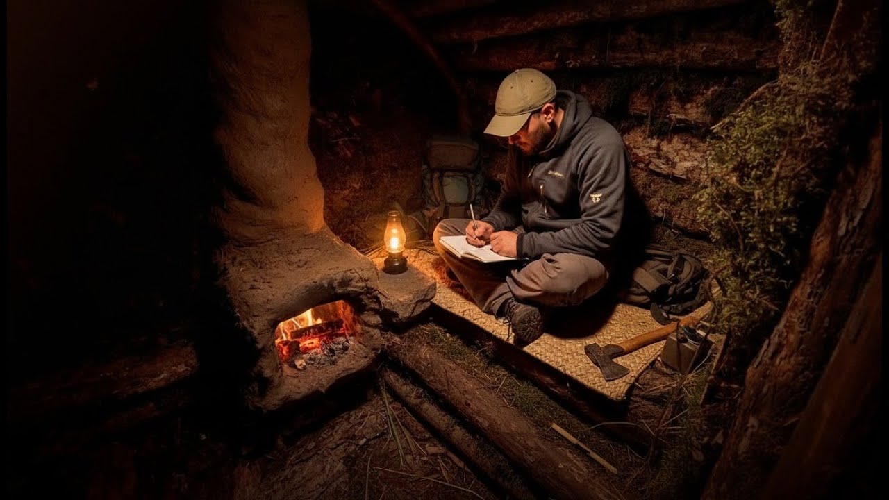 Building a Warm Log Cabin with a clay stove. Cozy Shelter, Secret ...