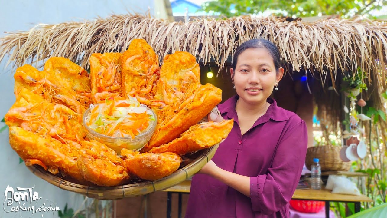 Rural girl Monta cooks deep fried bread with shrimps for family ...
