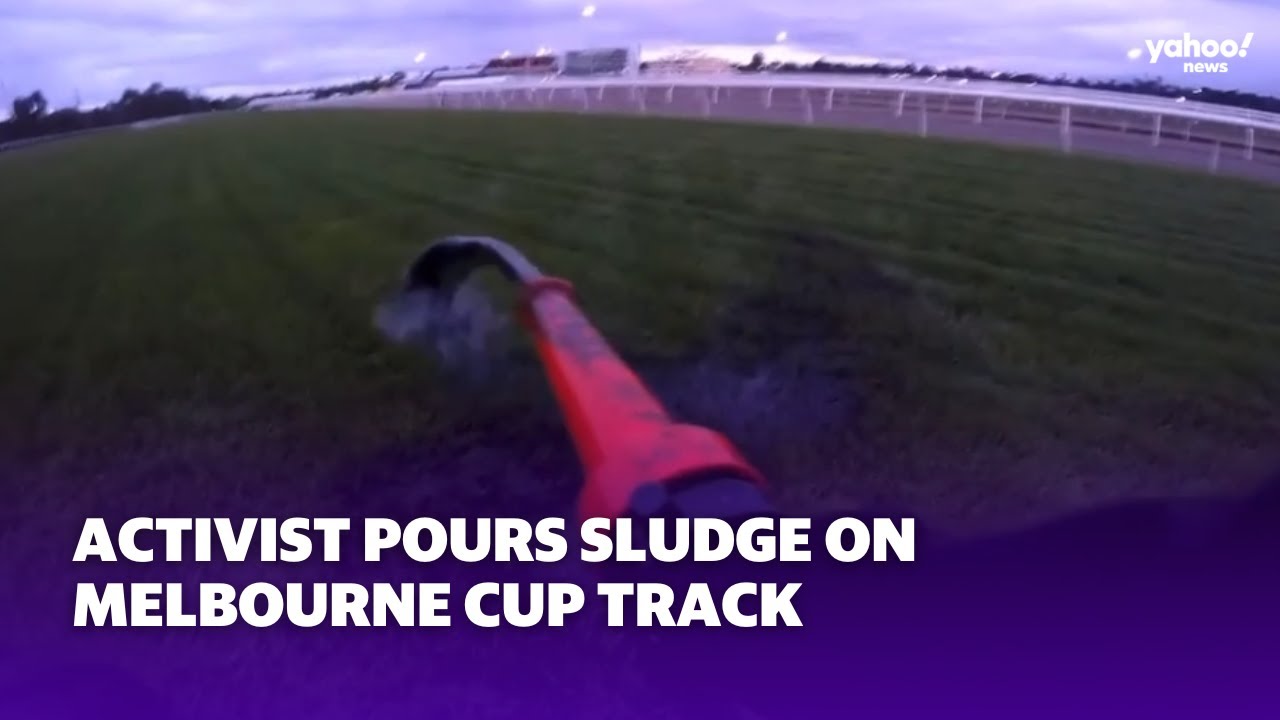 Activist pours sludge on Melbourne Cup track | Yahoo Australia - YouTube