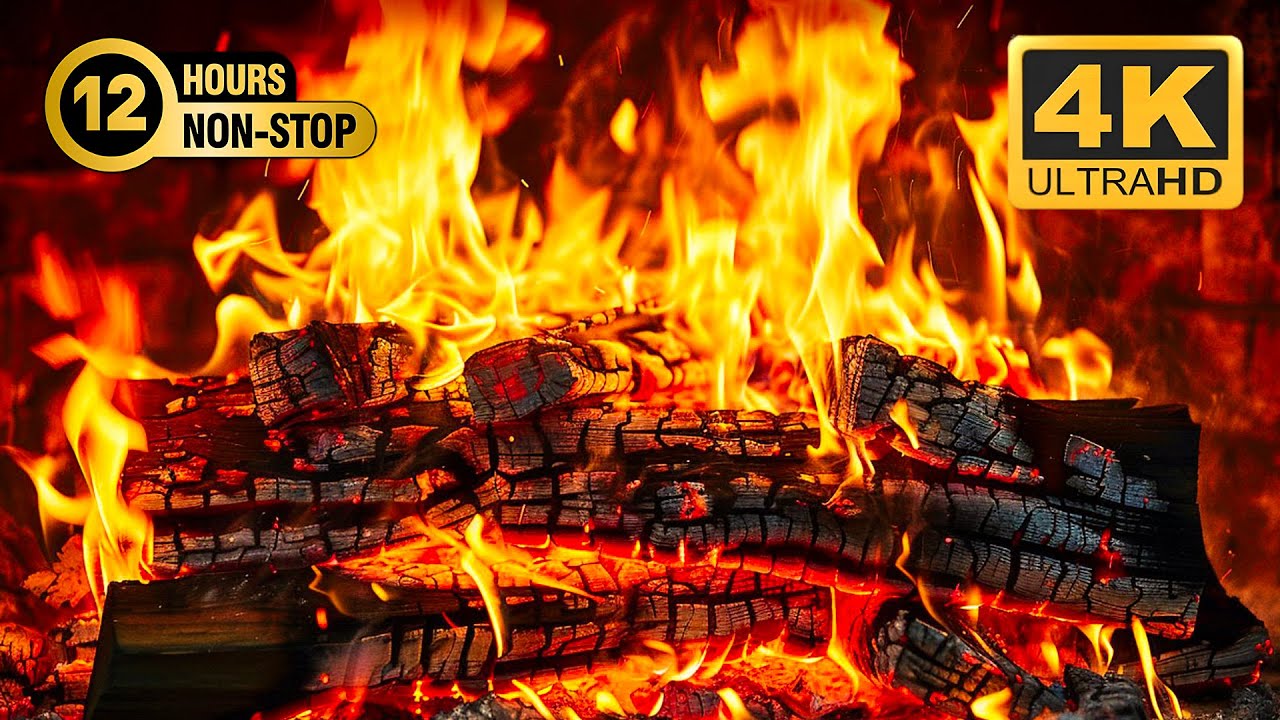 🔥 FIREPLACE (12 HOURS) Ultra HD 4K. Crackling Fireplace with Golden ...