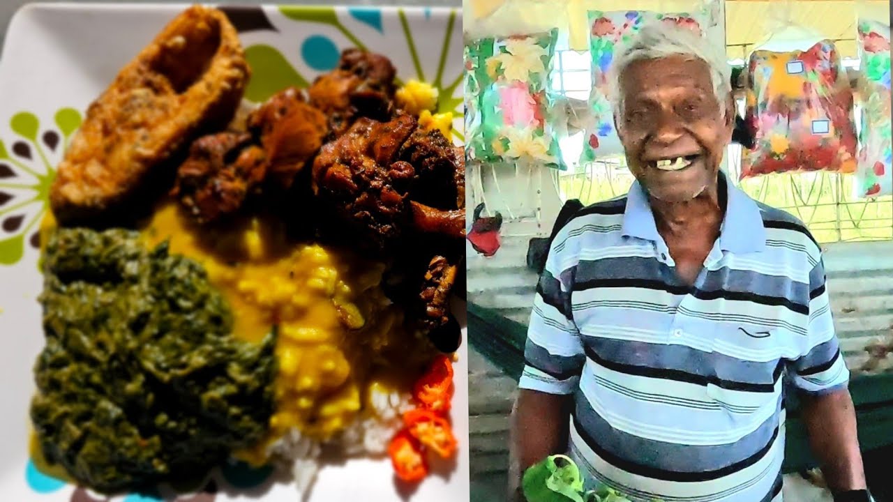 Dhal, rice, bhagie, fried fish and stewed chicken. - YouTube