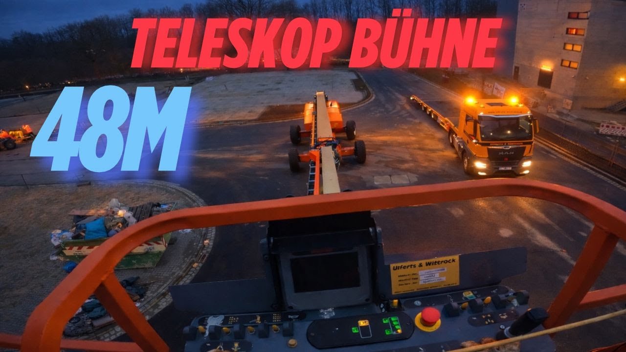 19 m LKW-Zug 🚛 | Mit Rundumlichtern zur Baustelle | 48 m Teleskopbühne ...