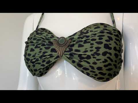 Army green cheetah print bandeau bikini top from Brazilian designer Triya.