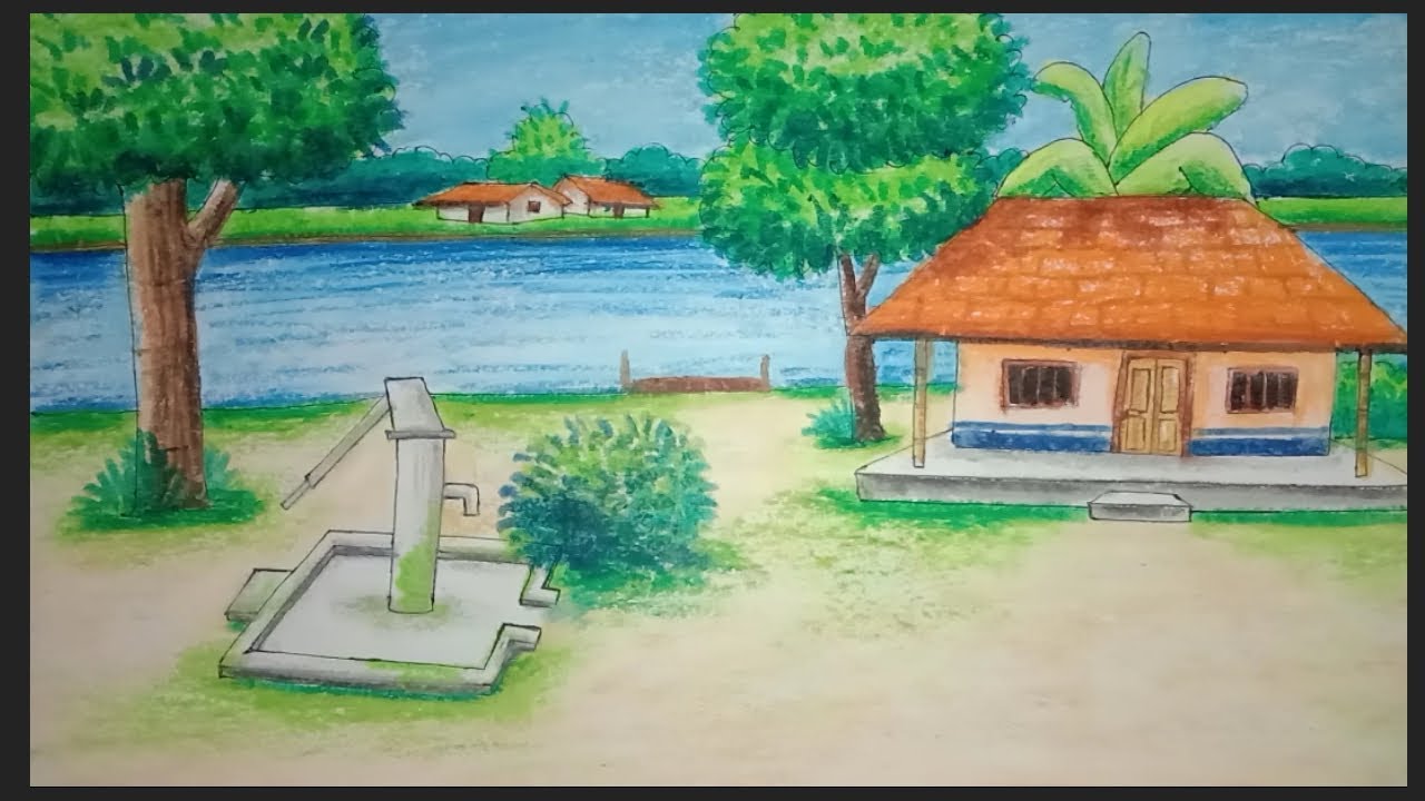 Beautiful village scenery drawing step by step easy | Landscape drawing ...