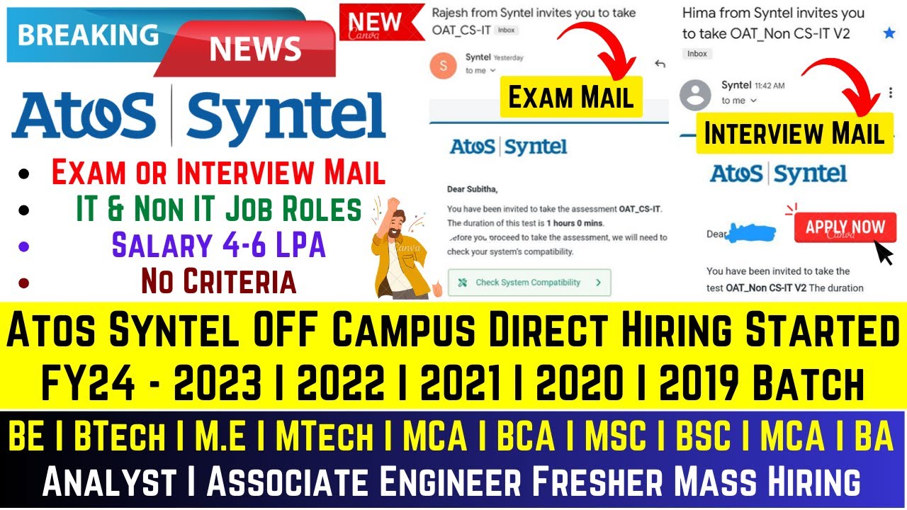 Atos Syntel Off Campus Direct Hiring Started Fy24 2023 2022 2021 2019 Batch Exam Interview