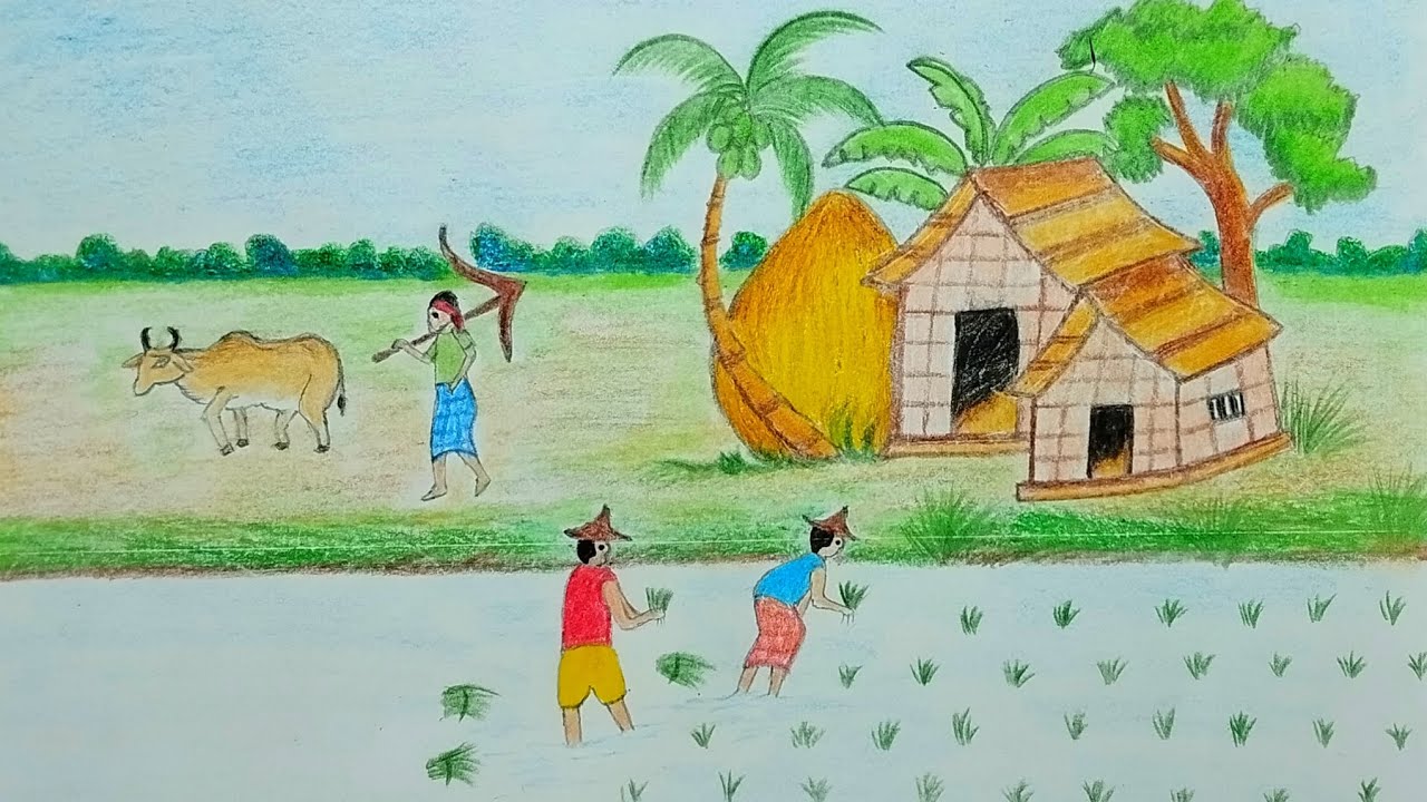 How to draw scenery of working people /cultivation step by step for ...