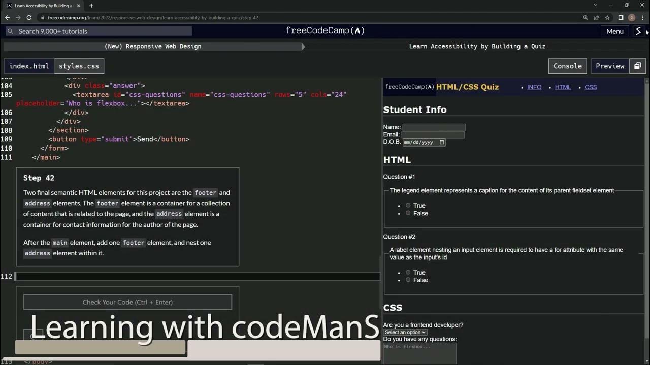 Learn2code Freecodecamp New Responsive Web Design Building A Quiz Step 42 Youtube
