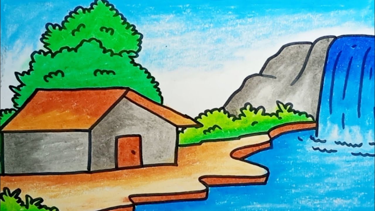 How To Draw Nature Scenery Waterfall And House Simple |Drawing Scenery ...