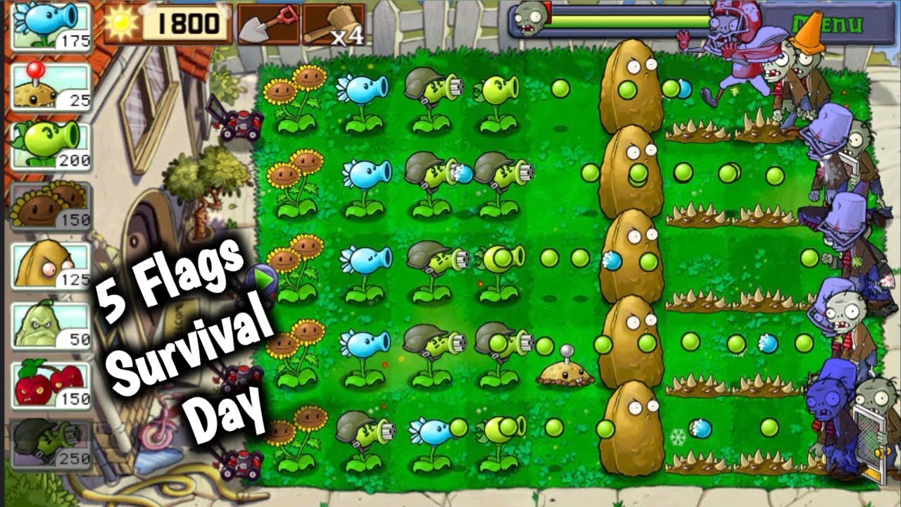 Survival Day 5 Flags | PvZ | Plants vs Zombies | Battle Roof | Day Time ...