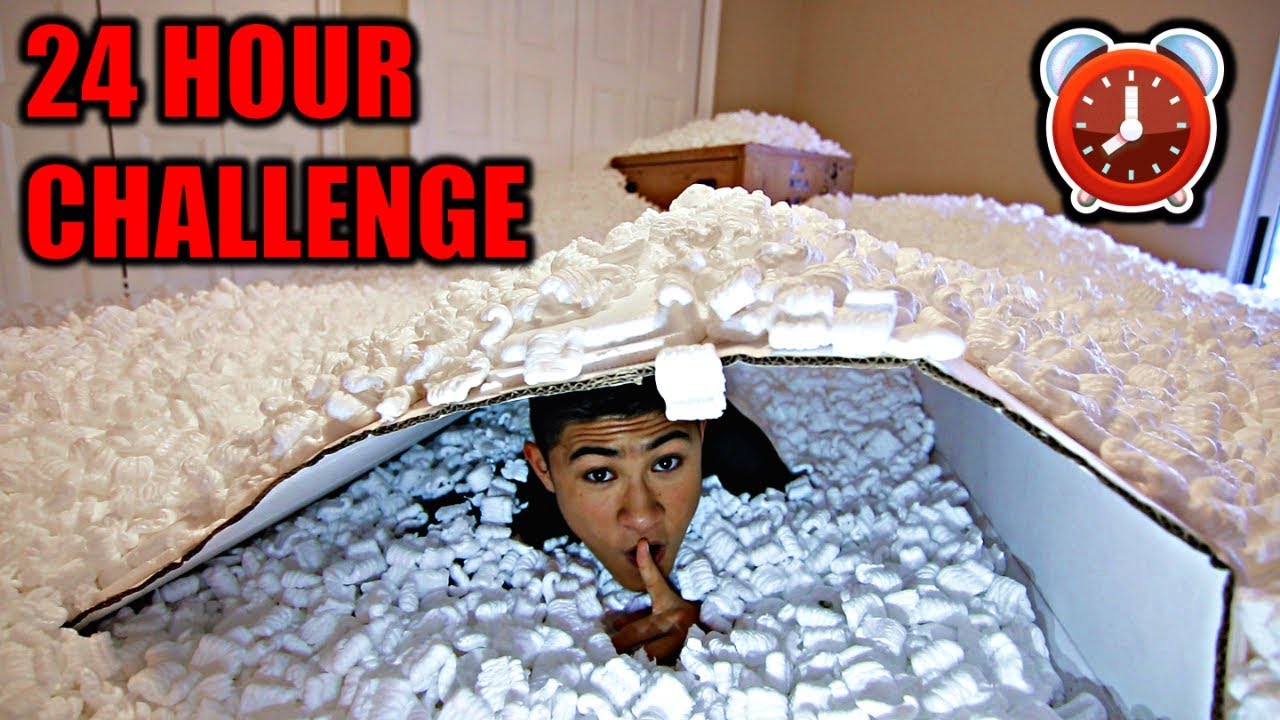OVERNIGHT IN 1,000,000 PACKING PEANUTS | 24 Hour Challenge - YouTube
