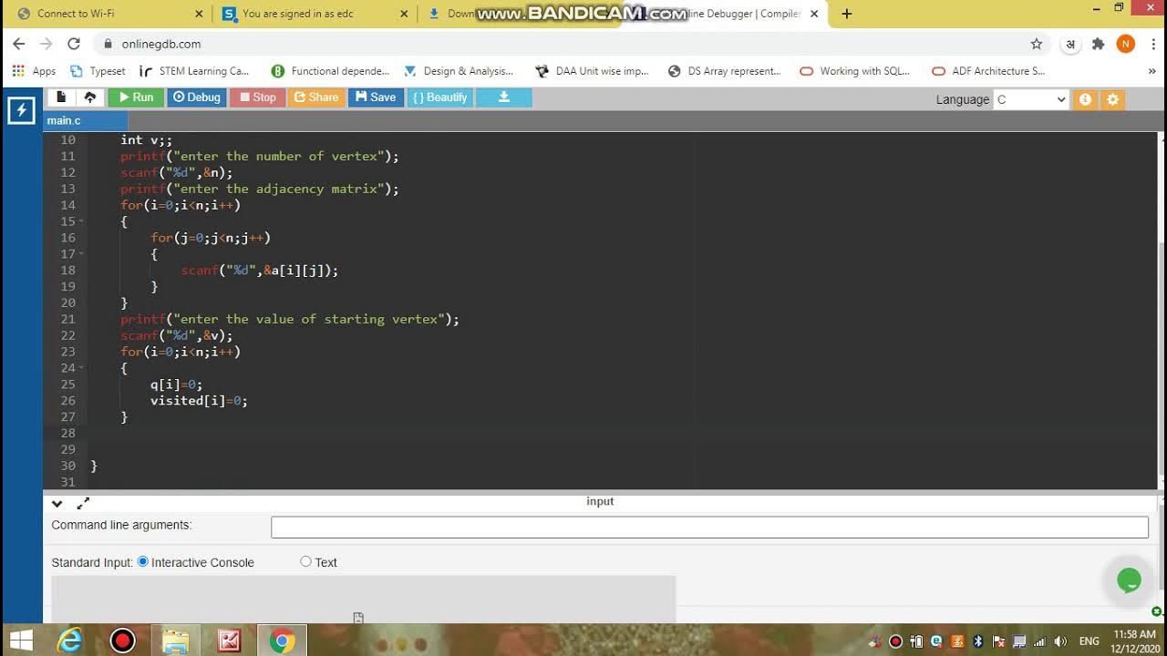 BFS code using adjacency matrix - YouTube