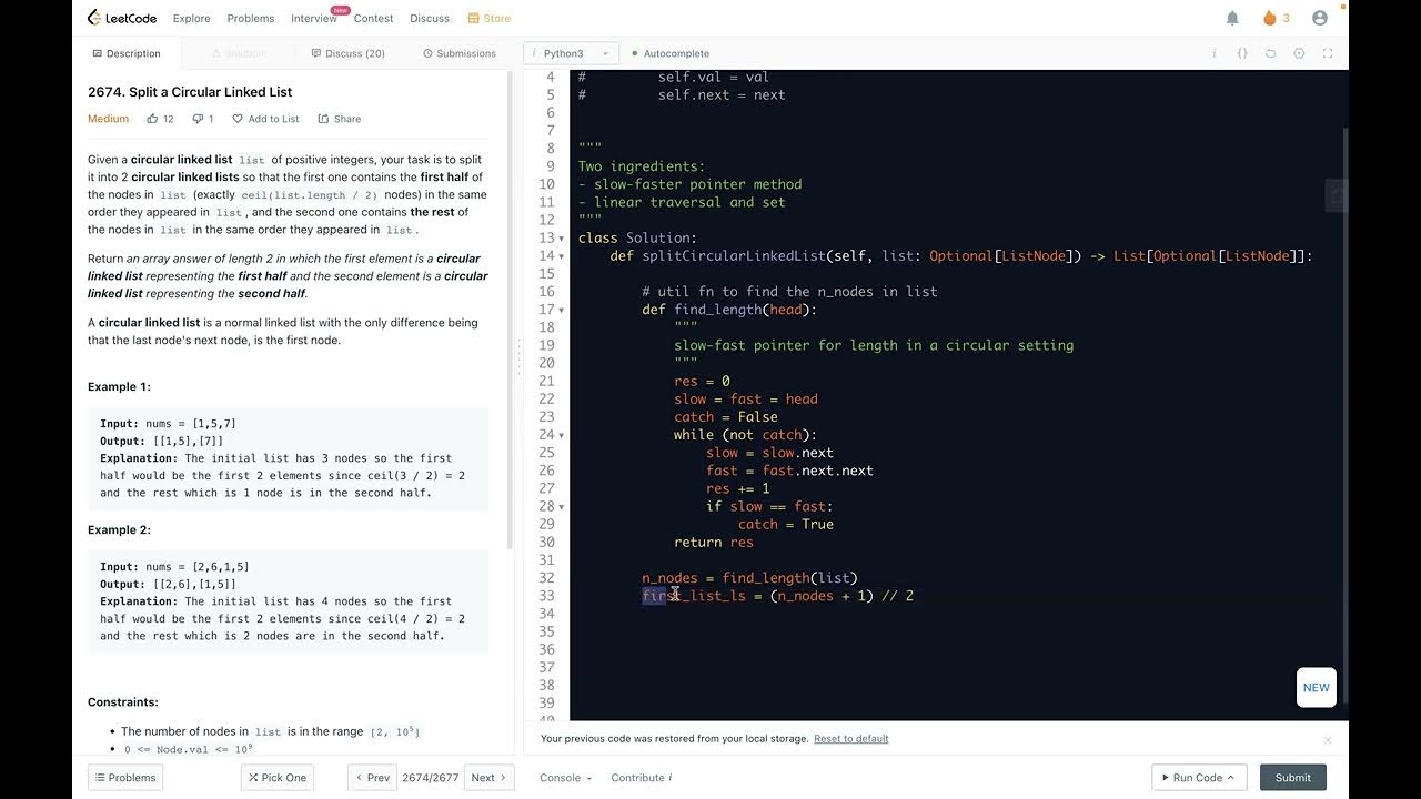 Leetcode 2674 Split A Circular Linked List Fast Slow Pointer Method And Traversal Algorithm