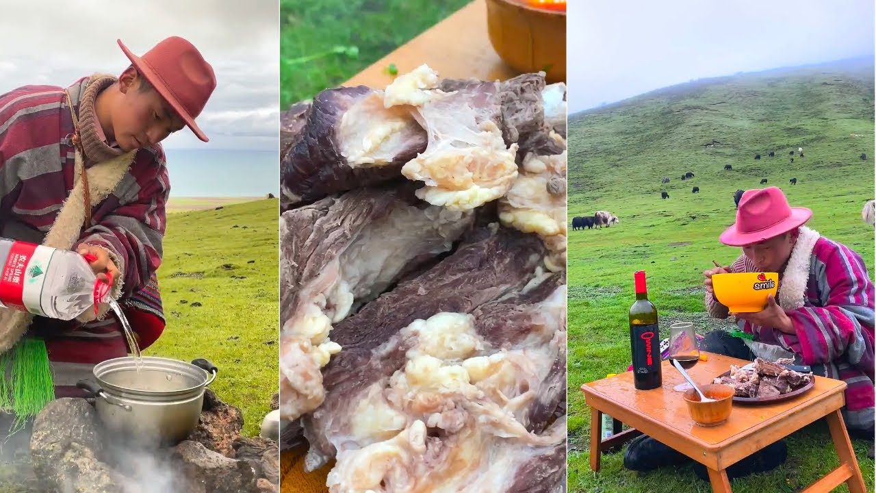 Eating lamb on the prairie || Village Life and Mukbang in Tibet ...