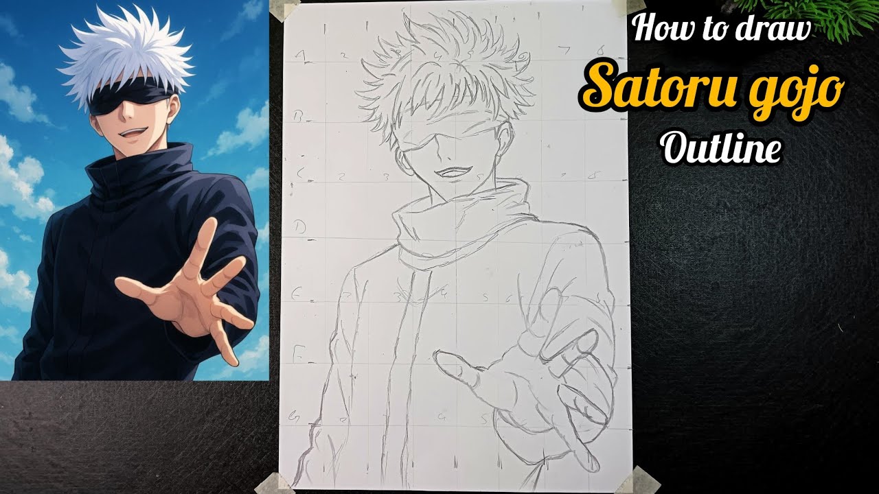 How to draw Satoru gojo🔥 || outline drawing || step by step easy grid ...