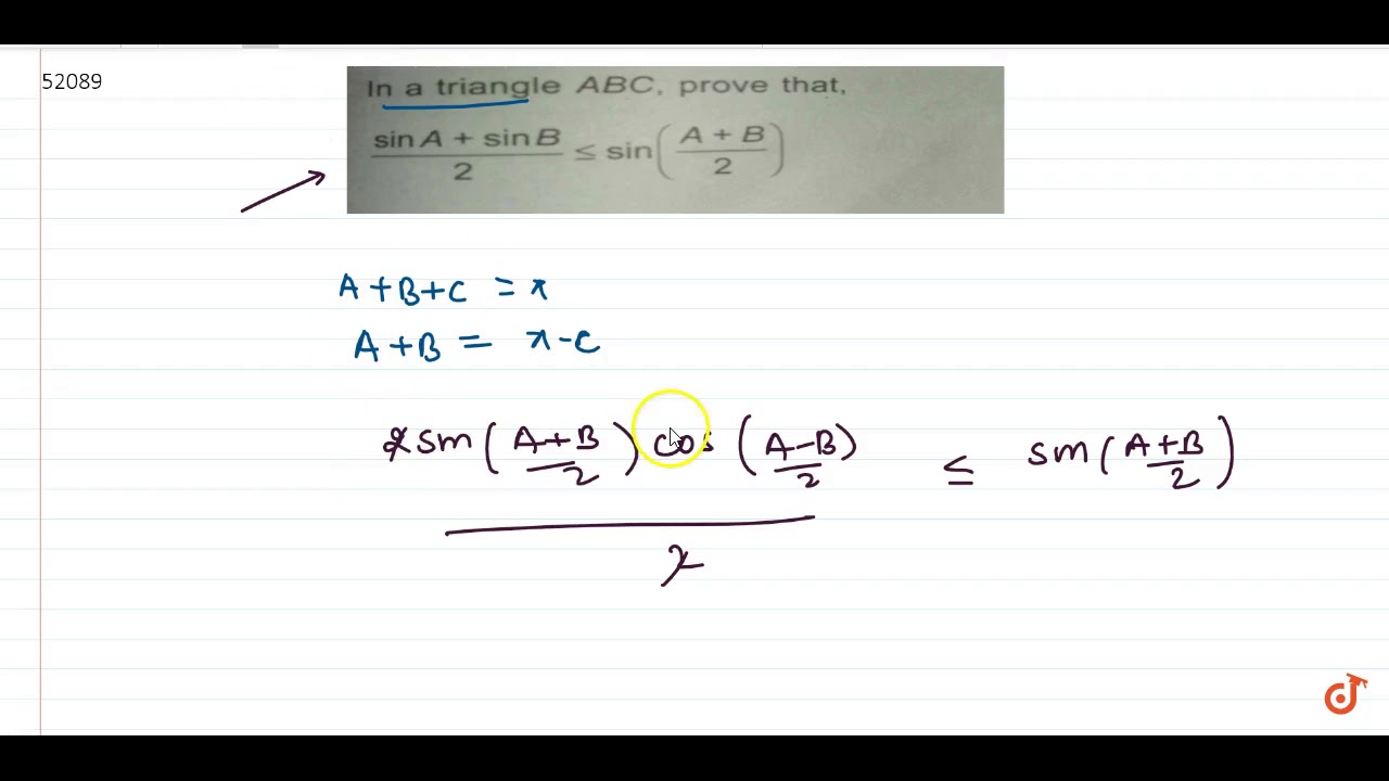 In a triangle ABC , prove that ,`(sinA+sinB)/2lt=sin((A+B)/2)` - YouTube
