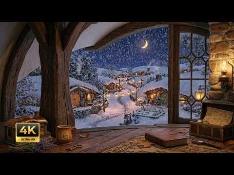 Hobbit Evi, Masalsı Manzara ve Kar Sesi 4K | Projeksiyon Pencere Videoları
