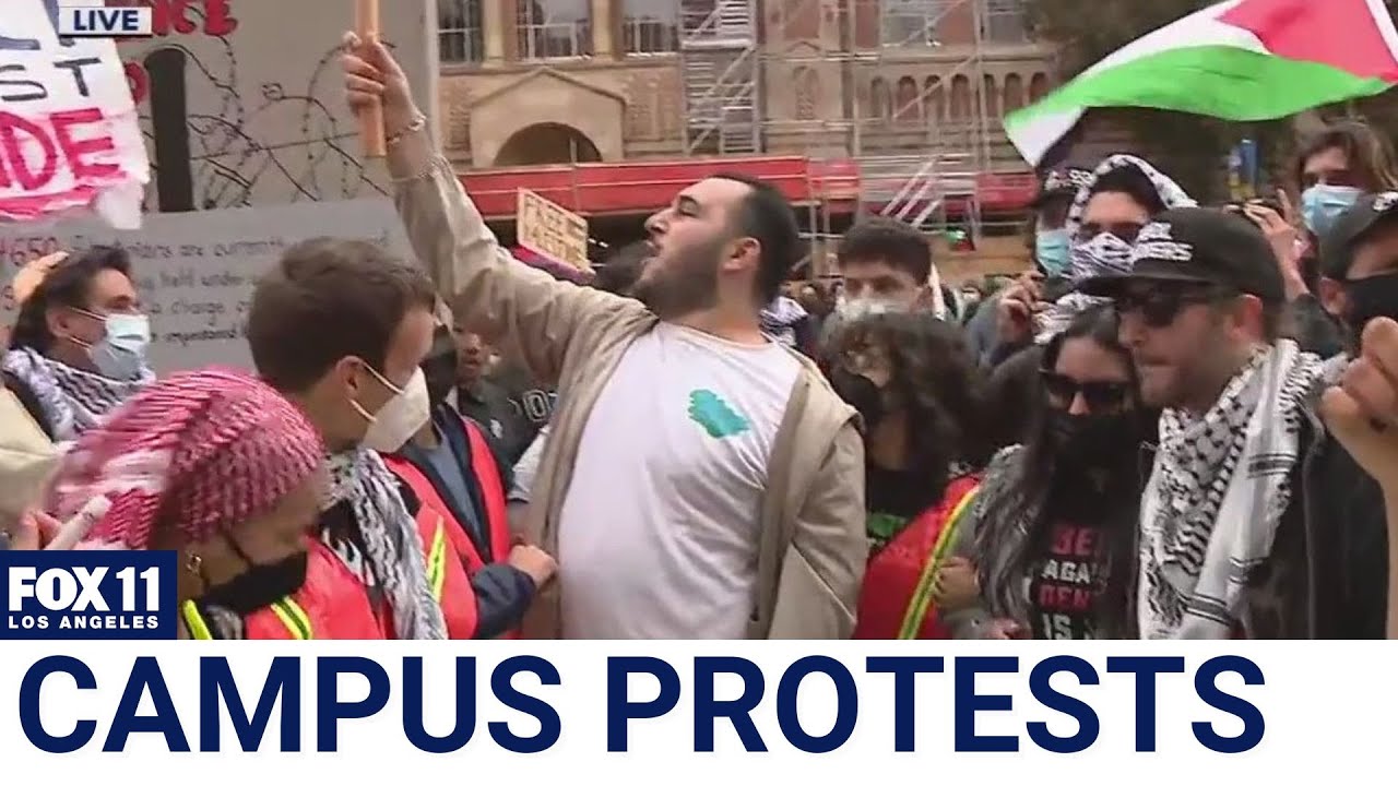 Tents set up on UCLA, USC campuses - YouTube
