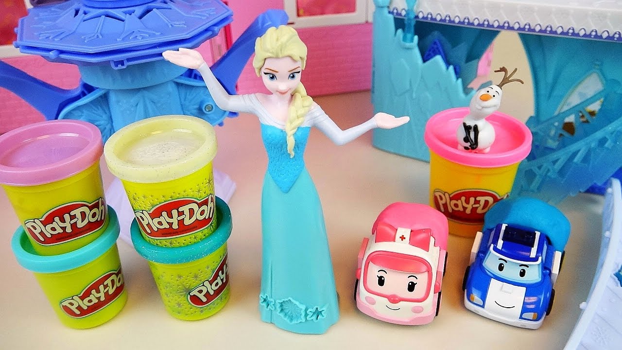 Play Doh Frozen Elsa Robocar poli car and Baby doll refrigerator toys ...