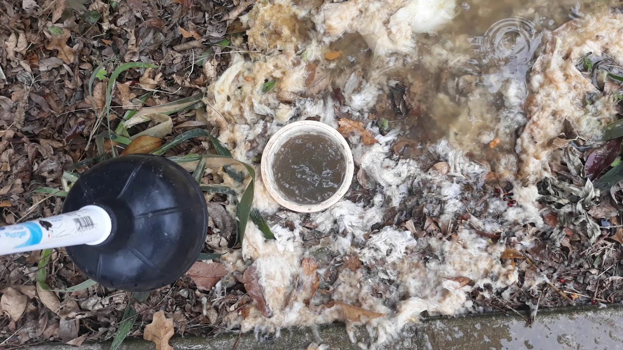 Unclogging a sewer drain with a plunger (from the outside cleanout ...