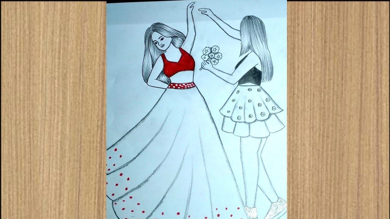 How to draw pictures of two girls together with pencil step by step ...
