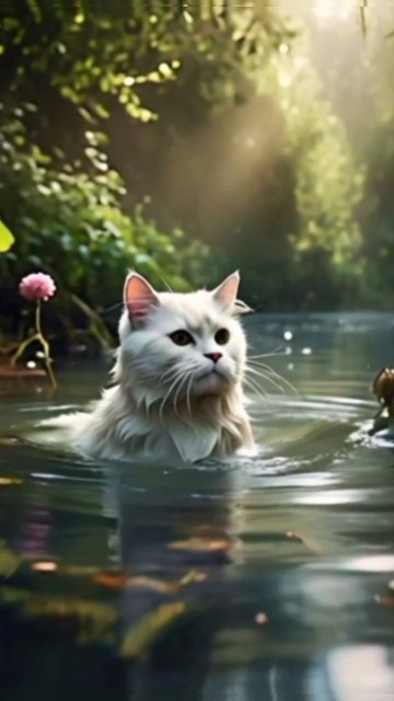 Cat Paddles Through Serene Green Forest Waters, Sparkling Eyes and ...