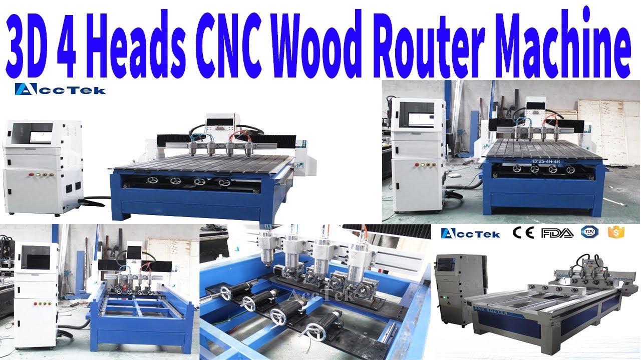 3D 4 Heads CNC Wood Router Machine - YouTube