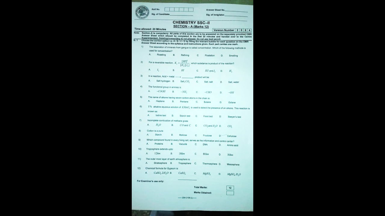 Class 10 Chemistry Paper Ssc Ii 2021 Federal Board Chemistry Mcqs
